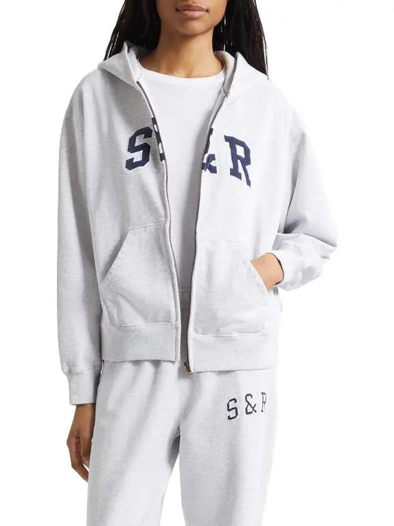 SPORTY & RICH Ivy Logo Appliqué Cotton Zip-up Hoodie - Heather Gray