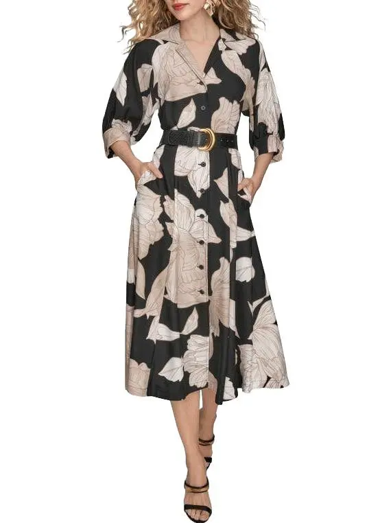 Donna Karan New York Floral Belted Shirtdress - Black/fawn Multi (h5n)