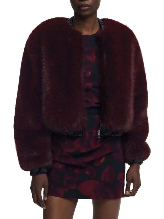 Desigual Faux Fur Bomber Jacket - Burgundy