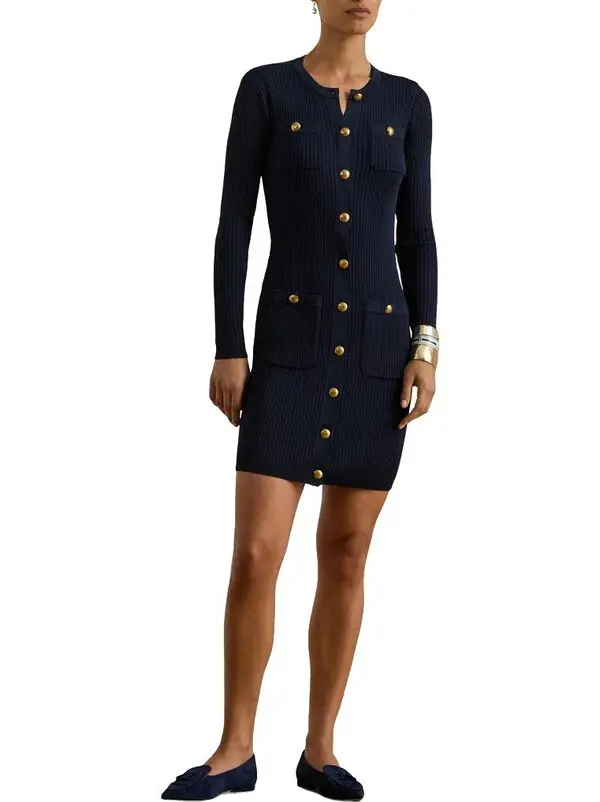 Ralph Lauren Chaynen Long Sleeve Rib Body-con Mini Dress - Lauren Navy