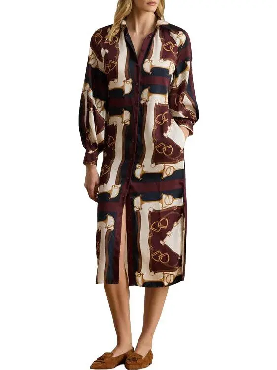 Ralph Lauren Equestrian Print Long Sleeve Twill Midi Shirtdress - Navy/cream Multi