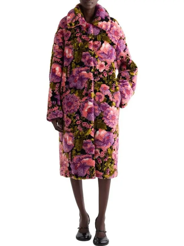 Dries Van Noten Floral Jacquard High Pile Fleece Coat - Pink