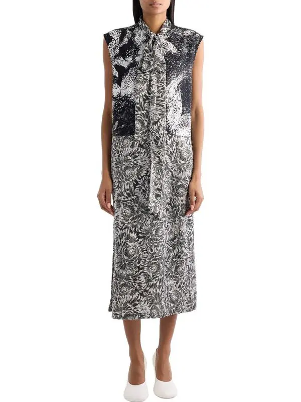 Dries Van Noten Cecussi Abstract Floral Tie Neck Midi Dress - Black
