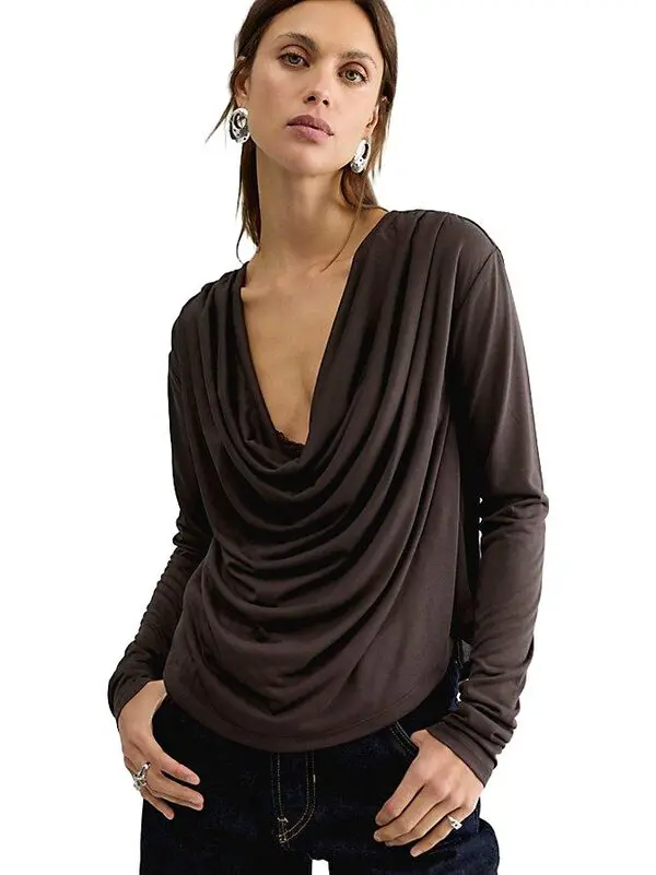 Free People Draped Long Sleeve Top - Deep Fudge