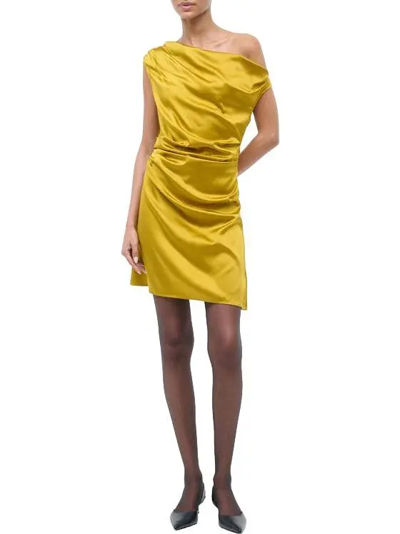 Staud Phare Asymmetric Ruched One-shoulder Stretch Silk Minidress - Turmeric