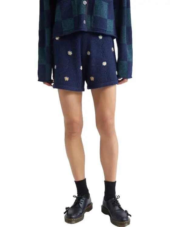 YANYAN Daisy Embroidered Lambswool Shorts - Navy