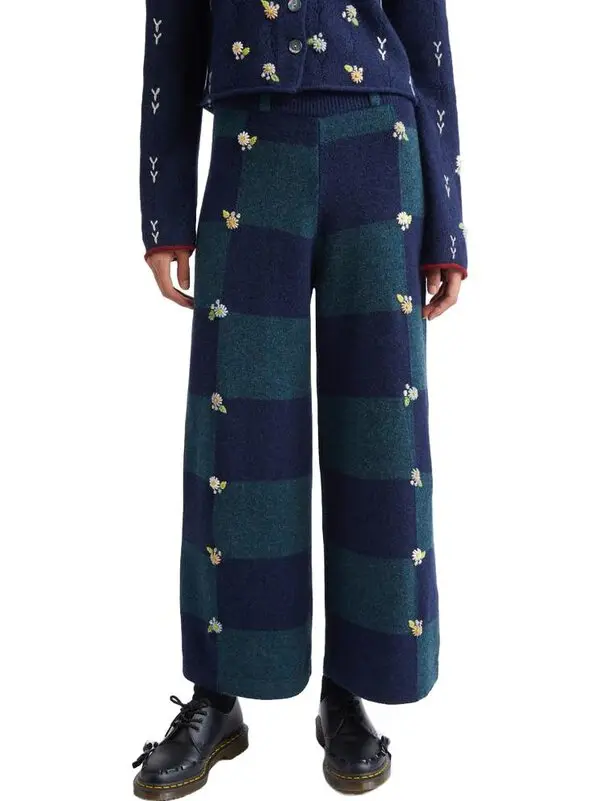 YANYAN Daisy Embroidered Checkerboard Lambswool Pants - Navy