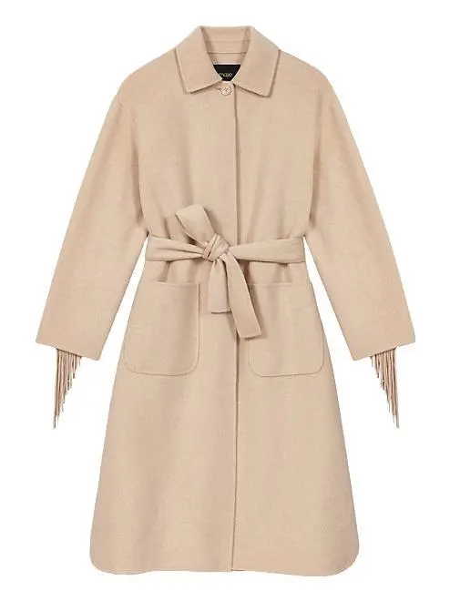 Maje Fringed Belted Wool-blend Coat - Beige