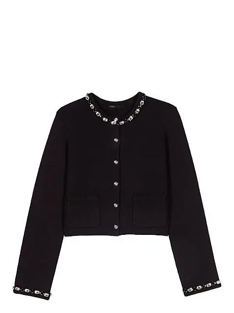 Maje Cropped Jewel-embellished Stretch-knit Cardigan - Black
