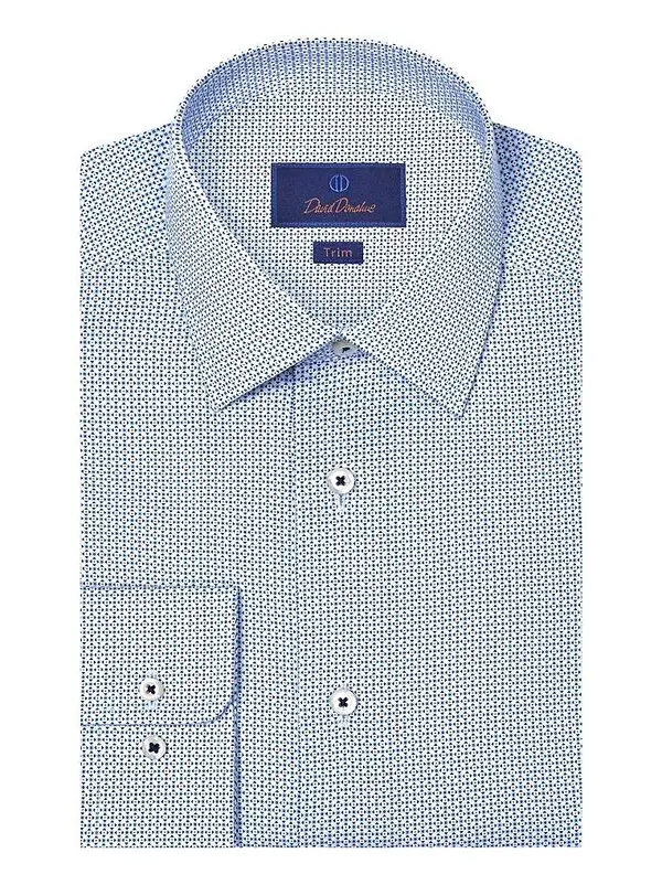 David Donahue Trim Fit Micro Geometric Print Dress Shirt - White/ Blue