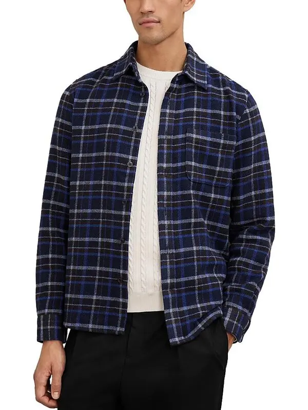 REISS Sam Long Sleeved Patch Pocket Check Overshirt - Navy