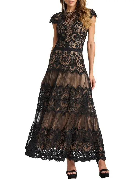 Tadashi Shoji Cap Sleeve Sequin & Lace Midi Dress - Black/nude