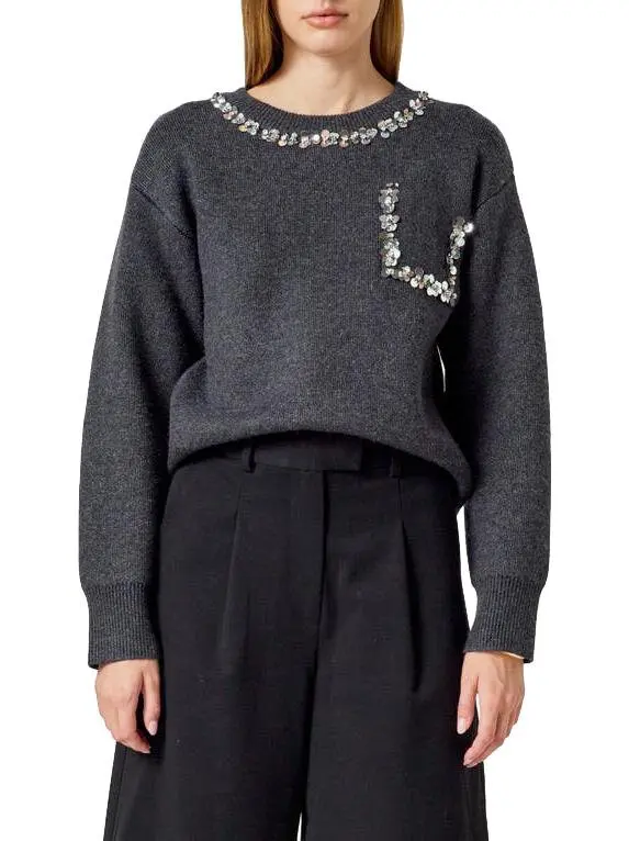 Endless Rose Paillette Trimmed Crewneck Sweater - Charcoal