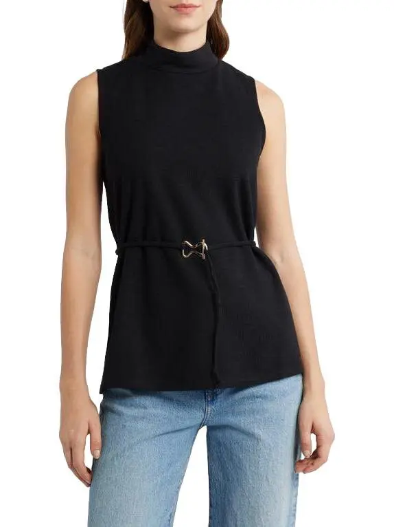 Vince Camuto Sleeveless Belted Mock Neck Top - Rich Black