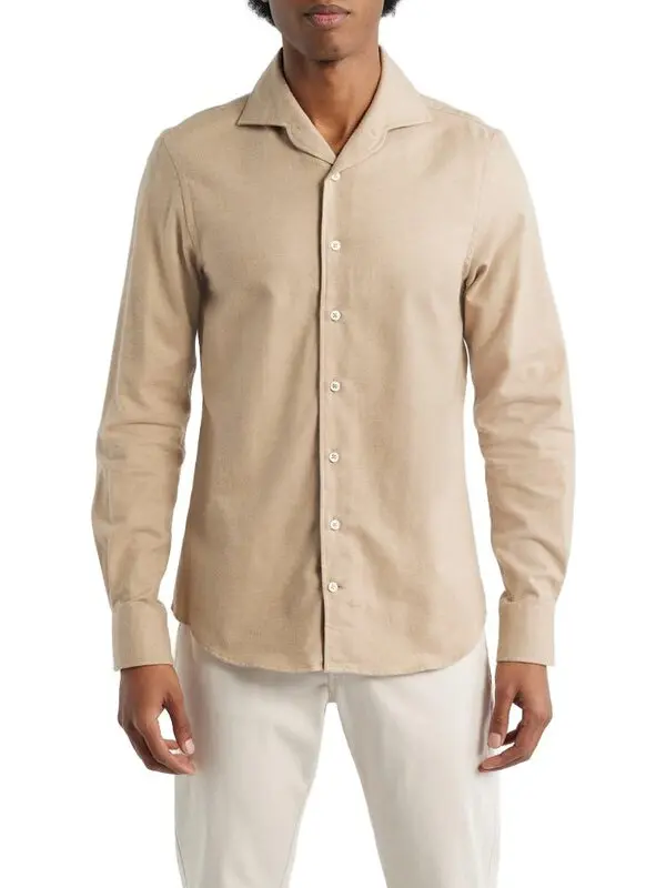 AURELIEN Slim Fit Camp Collar Cotton & Cashmere Flannel Button-up Shirt - Beige