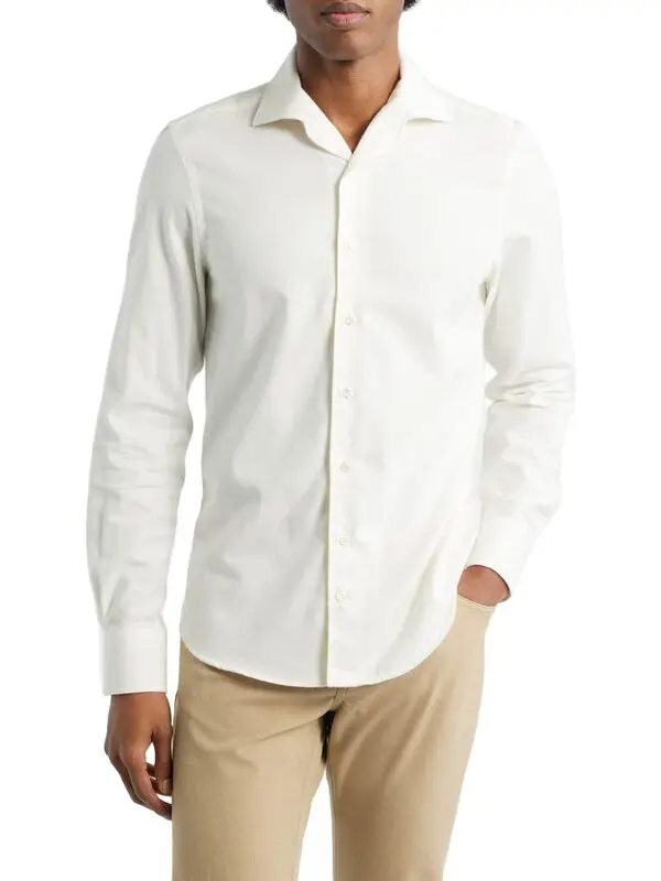 AURELIEN Slim Fit Camp Collar Cotton & Cashmere Flannel Button-up Shirt - Ivory