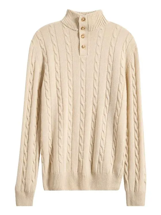 AURELIEN Cable Merino Wool Half Placket Sweater - Light Beige