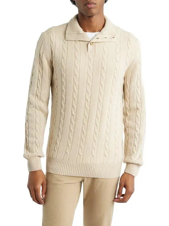 AURELIEN Cable Merino Wool Half Placket Sweater - Light Beige