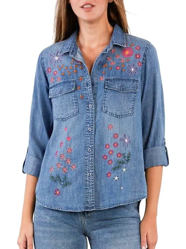 BILLY T Floral Embroidered Shirt - Denim