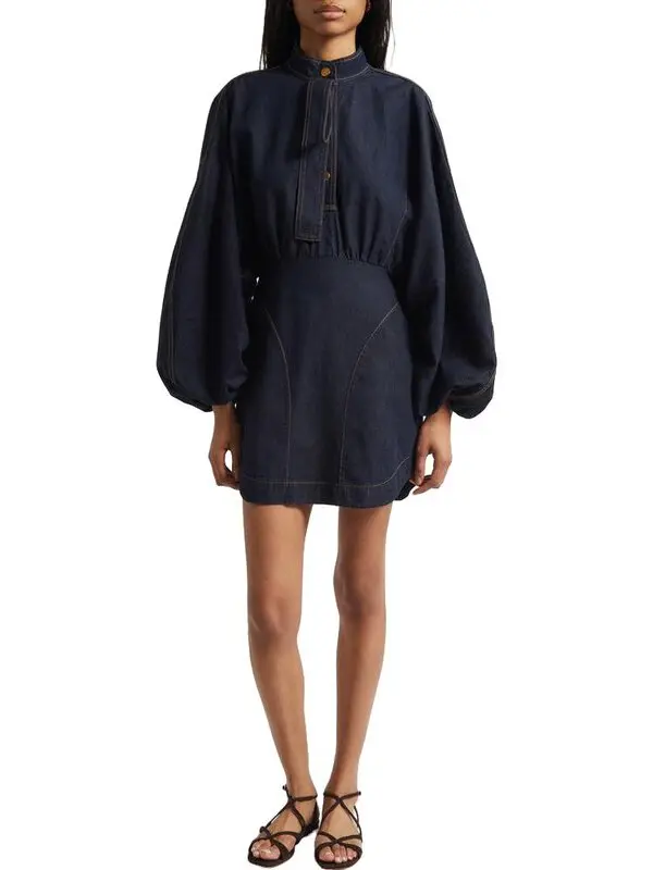 Zimmermann Gathered Long Sleeve Denim Minidress - Night Sky