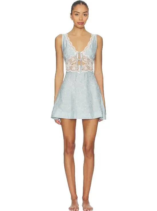 For Love & Lemons Bluebird Jacquard Mini Slip Dress - Dusty Blue