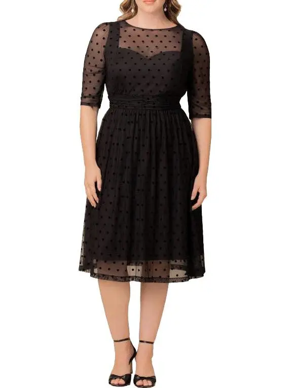 KIYONNA Vita Cocktail Flocked Polka Dot Dress - Noir Dot