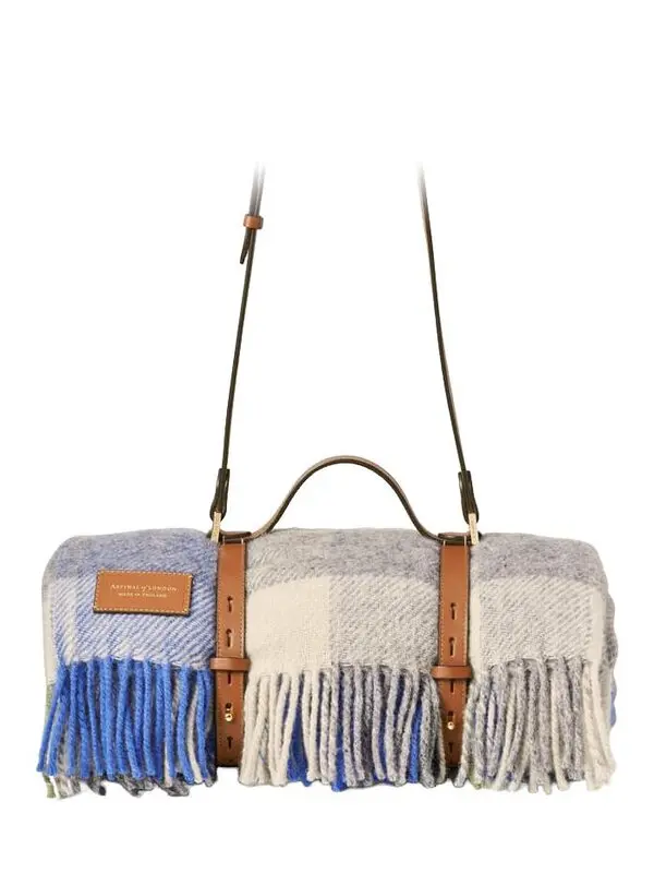 ASPINAL OF LONDON Pure New Wool Picnic Blanket With Leather Carrier - Blue/neutral/tan