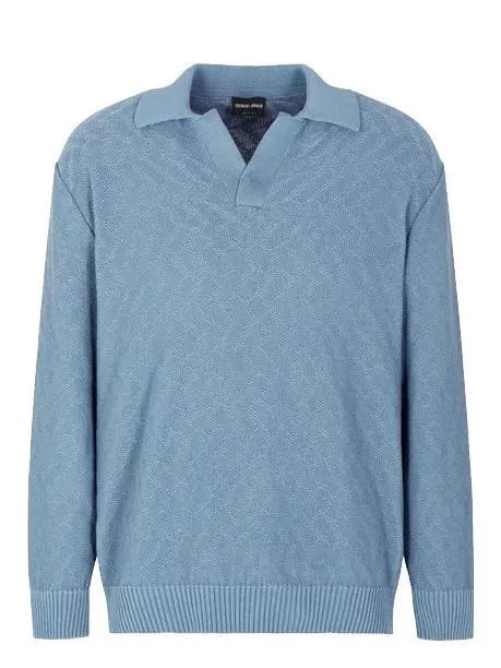 Giorgio Armani Cotton Jacquard Knitted Polo Shirt - Blue