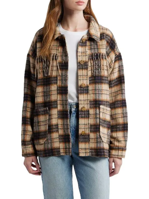 THREAD & SUPPLY Fringe Plaid Shacket - Cream Navy Plaid