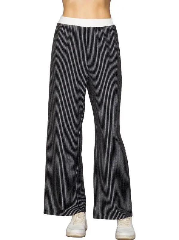 MELLODAY Stripe Wide Leg Knit Pants - Dark Grey/ivory