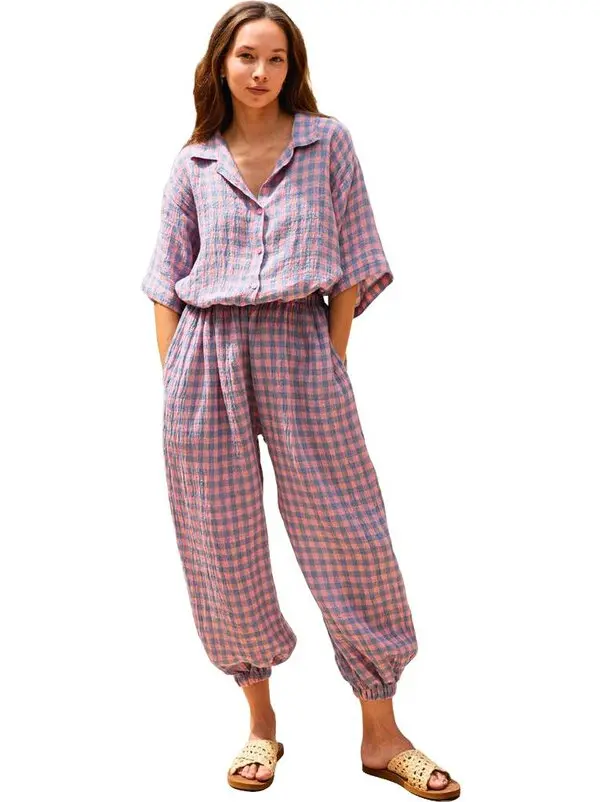 Pink Haley Vanessa Linen Gingham Balloon Pants - Purple Gingham