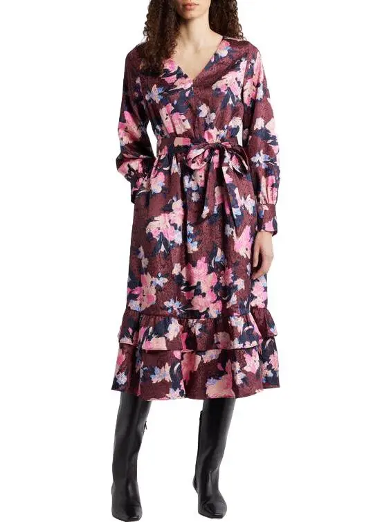 Caslon Ruffle Tie Waist Long Sleeve Midi Dress - Burgundy- Blue Georgia Blooms
