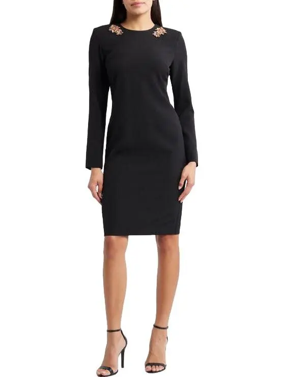 Anne Klein Rhinestone Long Sleeve Sheath Dress - Anne Black