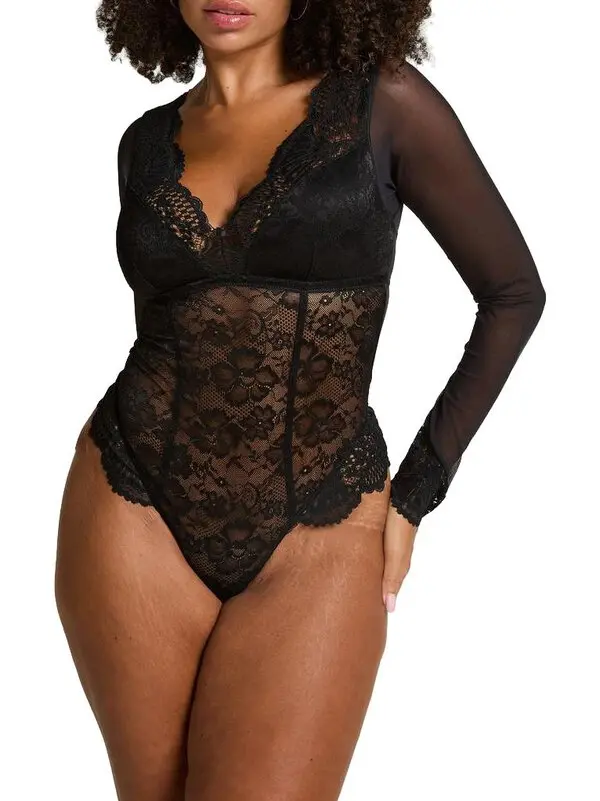 Hunkemoller Long Sleeve Mesh & Lace Teddy - Caviar