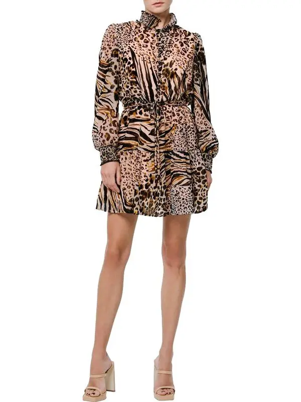 CIEBON Gemma Print Long Sleeve Minidress - Brown Multi