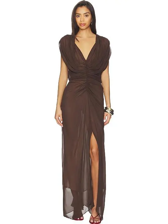 Courtney Zheng Ruched V-neck Gown - Dark Brown