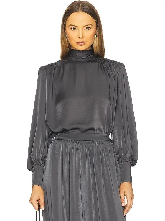 Bardot Revana Satin Tie Neck Blouse - Charcoal