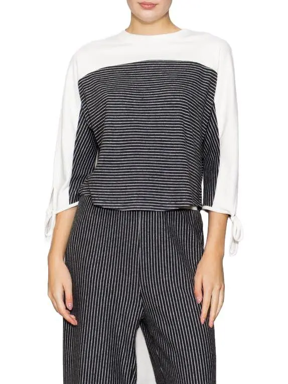 MELLODAY Stripe Knit Top - Dark Grey/ivory