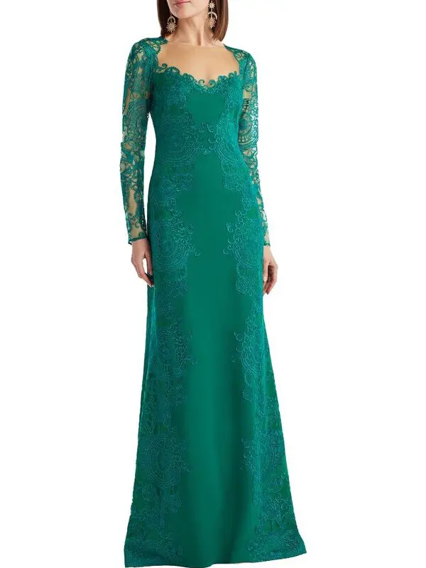 Tadashi Shoji Embroidered Lace Long Sleeve Crepe Gown - Emerald