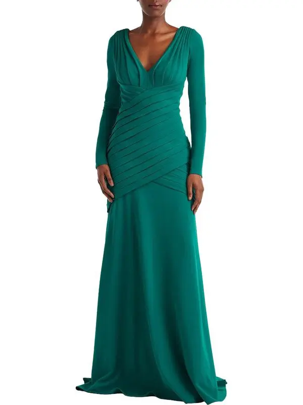 Tadashi Shoji Pleat Detail Long Sleeve Gown - Emerald