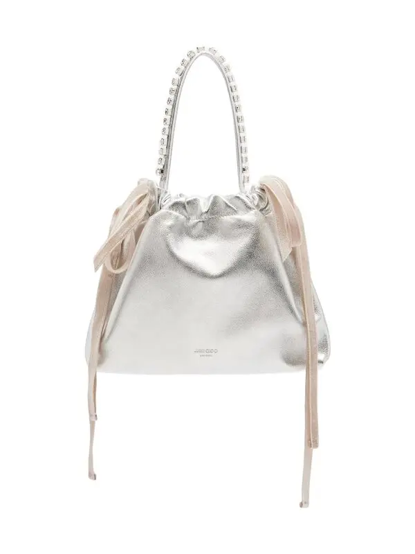 JIMMY CHOO Drawstring Mini Embellished Leather Shoulder Bag - Silver
