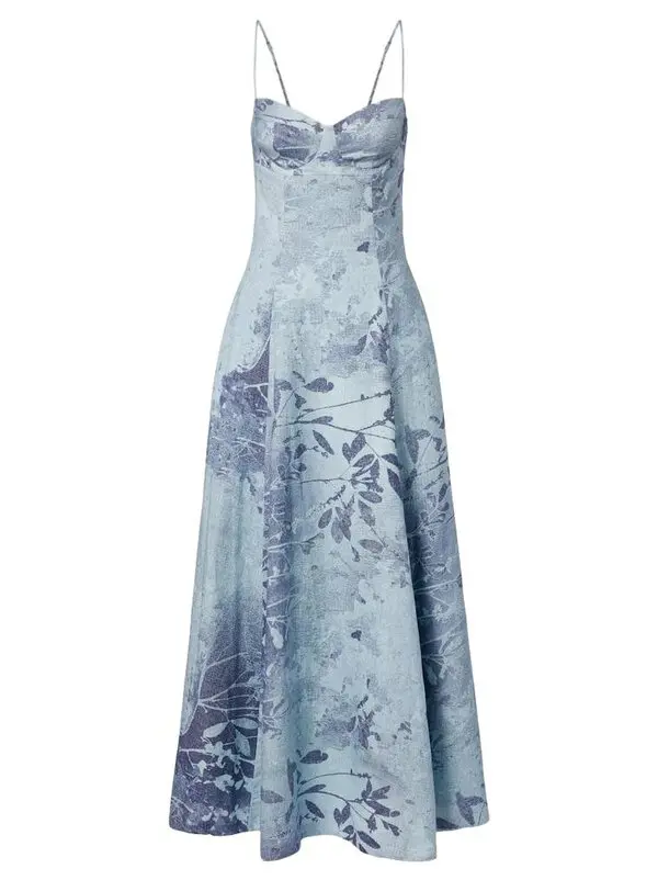 Simkhai Floral Linen And Cotton Bustier Dress - Blue