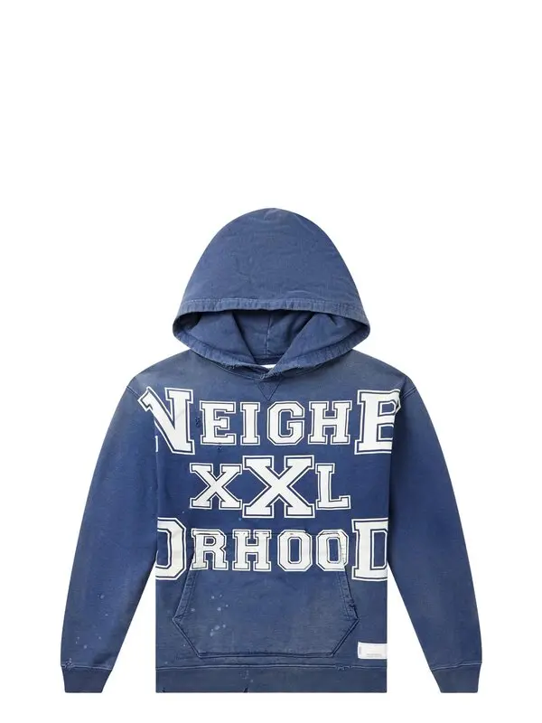 NEIGHBORHOOD Logo-print Distressed Cotton-jersey Hoodie - Navy