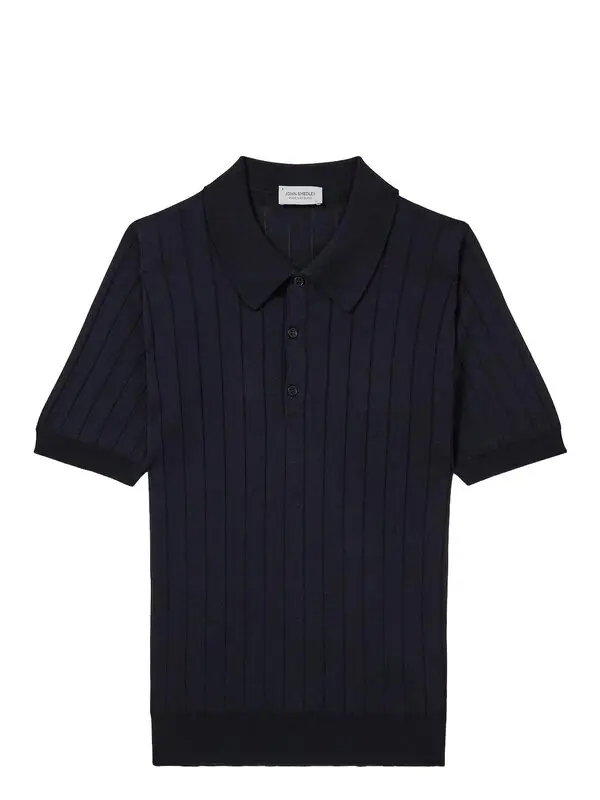 John Smedley Ribbed Wool And Cotton-blend Polo Shirt - Blue