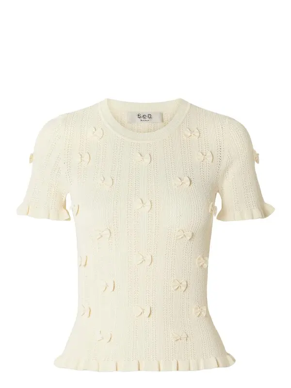 Sea Alberta Embellished Pointelle-knit Top - Neutrals