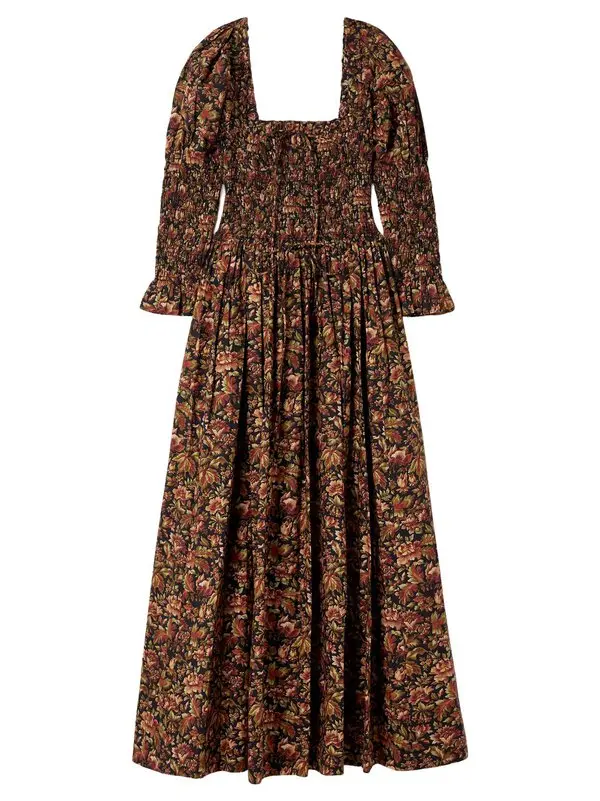 DÔEN Bijou Shirred Floral-print Midi Dress - Black