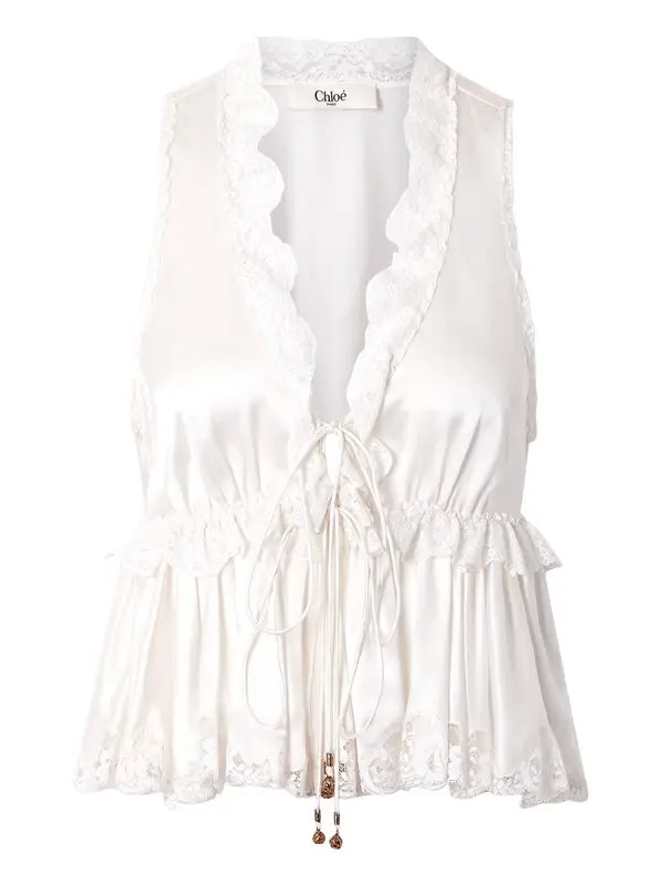 Chloé Lace-trimmed Silk-satin Peplum Blouse - White