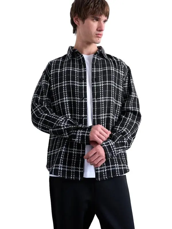 Topman Textured Check Overshirt - Black