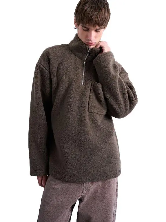 Topman Quarter Zip High Pile Fleece Sweatshirt - Dark Brown