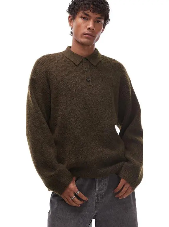 Topman Oversized Long Sleeve Sweater Polo - Khaki